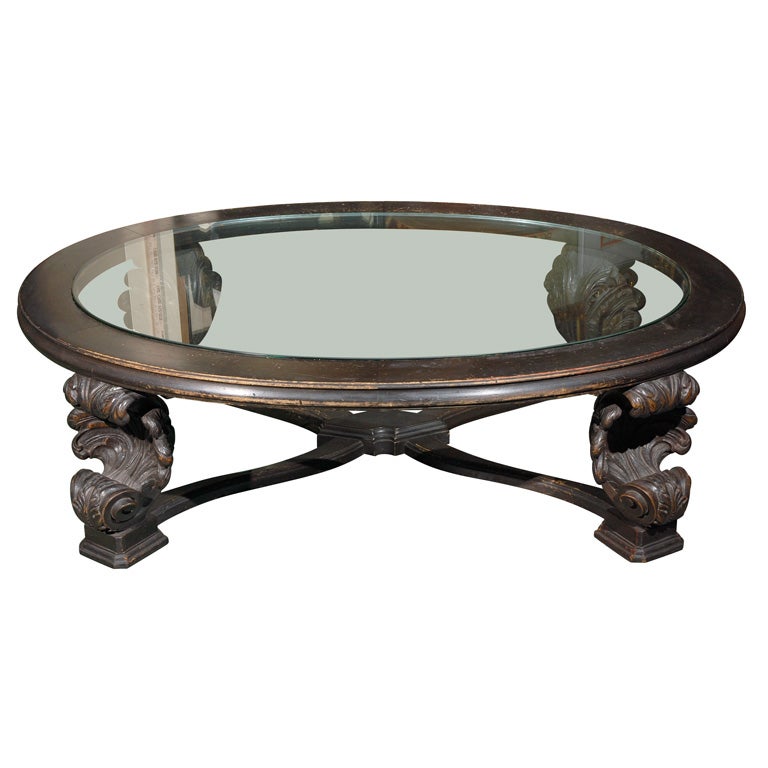 All Hand Carved Walnut Coffee Table with Shell Feet/ Glass Top at ...