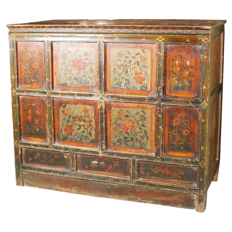 ANTIQUE TIBETAN COUNTRY BLANKET CHEST ORIGINAL PAINTED SURFACE at 1stDibs
