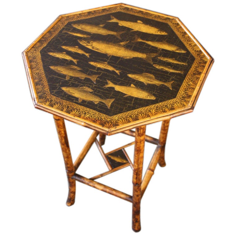 Fish Decoupaged Antique English Bamboo Side Table at 1stDibs