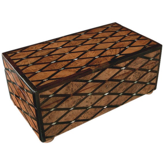 A Handsome English Burl Walnut Box with Coromandel Latticework at 1stDibs