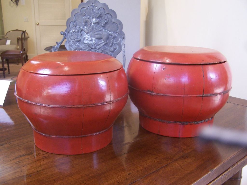 Pair of Chinese red lacquered boxes at 1stDibs