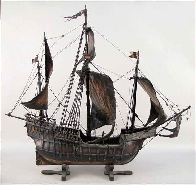 Painted Wood and Leather Scale Model Ship of the Santa Maria at 1stDibs