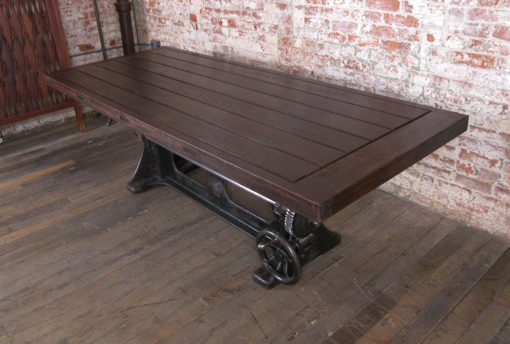 Vintage Industrial Adjustable Wood and Cast Iron Table at 1stDibs