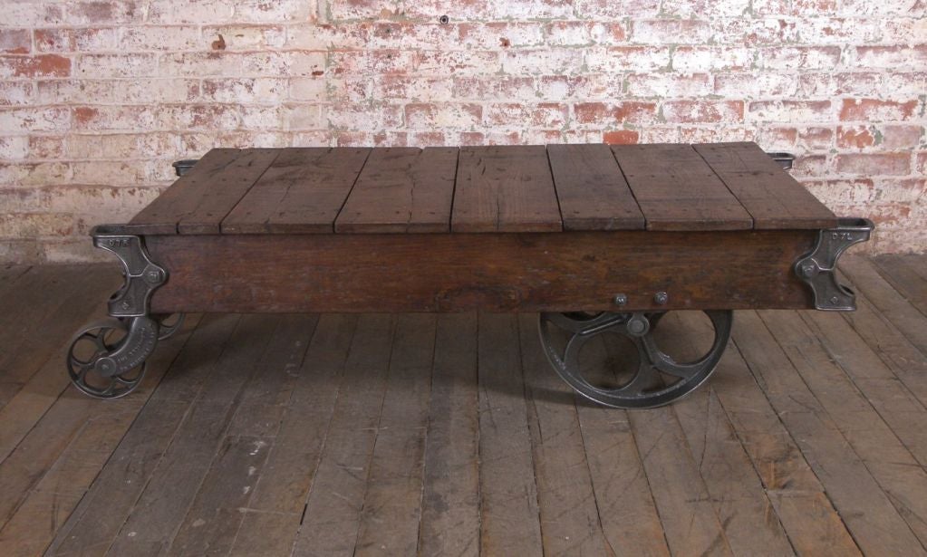 Vintage Industrial Wood And Cast Iron Nutting Cart Coffee Table At