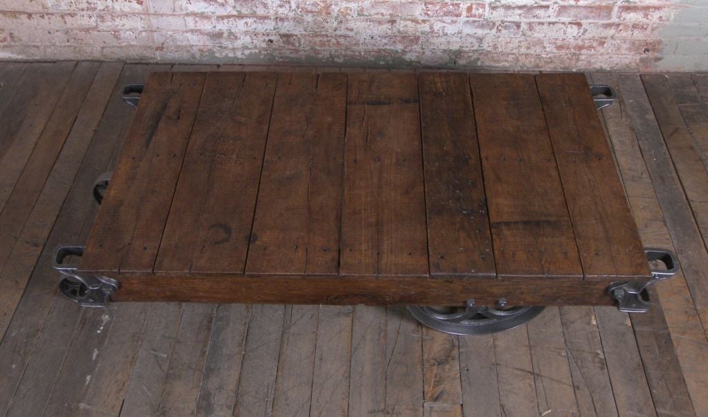 Vintage Industrial Wood And Cast Iron Nutting Cart Coffee Table At