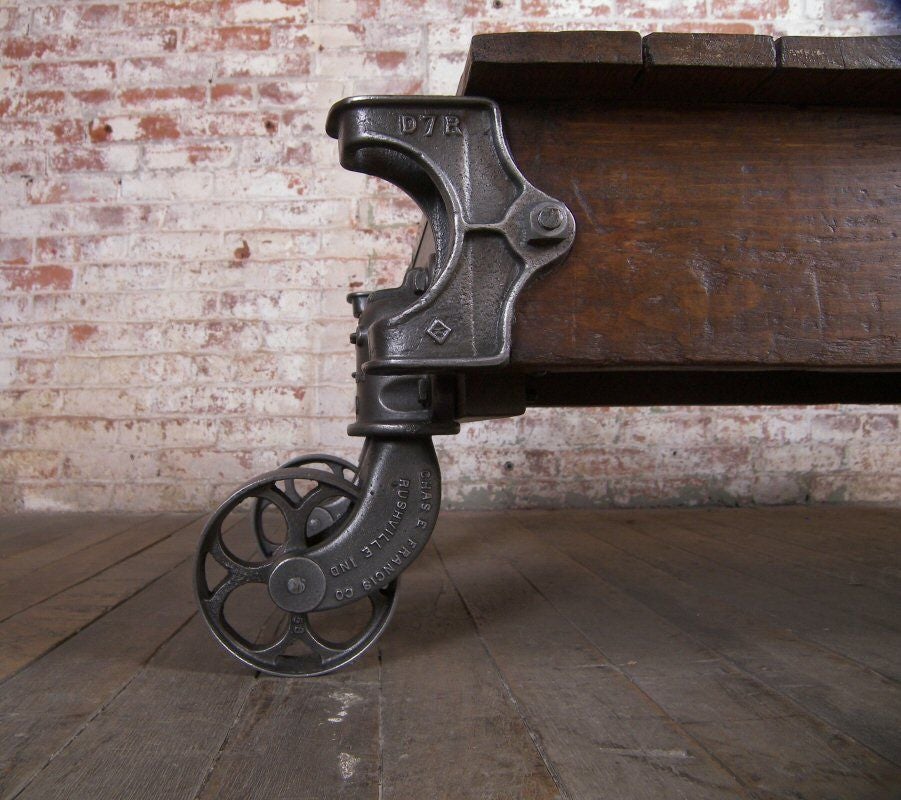 Vintage Industrial Wood And Cast Iron Nutting Cart Coffee Table At