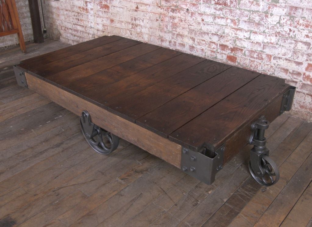 Vintage Industrial Wood And Cast Iron Factory Cart Coffee Table At