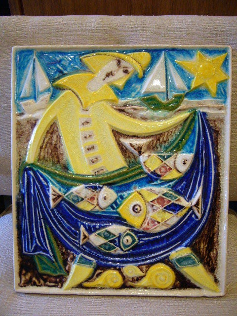 Whimsical Piotr Baro Pottery Wall Plaque "Fisherman" at 1stDibs