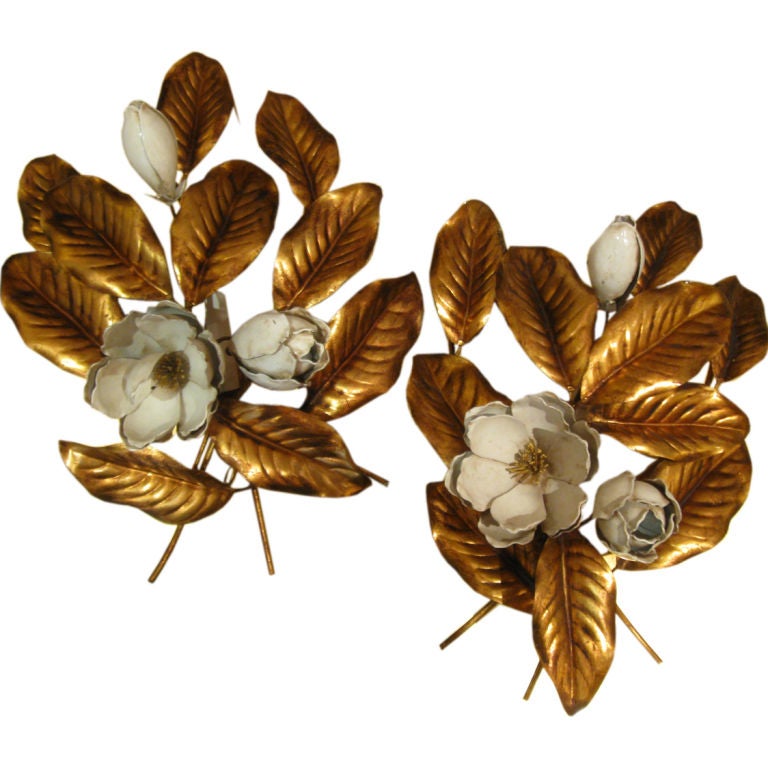 Pair of Magnolia Tole Sconces Enamel and Gold Leaf Finish at 1stDibs