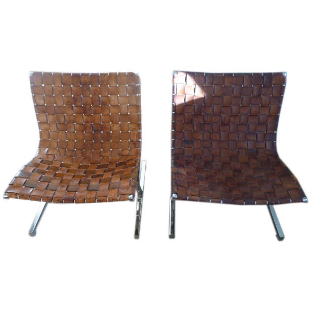 pair of ross littell steel and leather chairs at 1stDibs