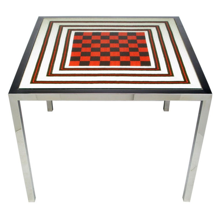 Milo Baughman Needlepoint Game Table With Chrome Parsons Frame at 1stDibs