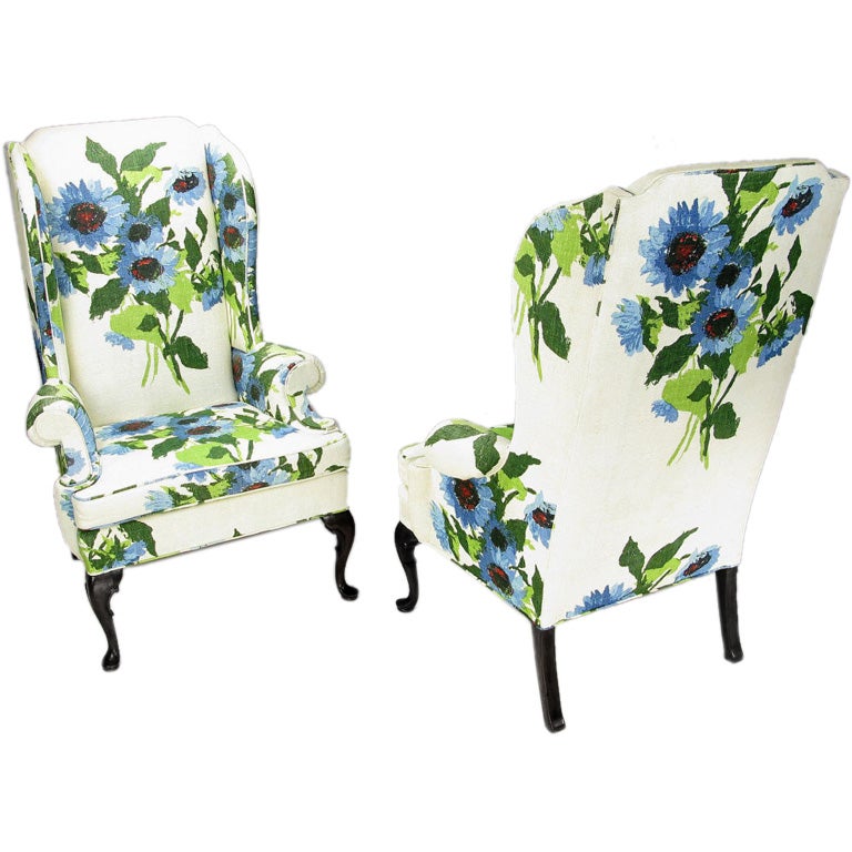 Large Floral On White Linen Wing Chairs at 1stDibs