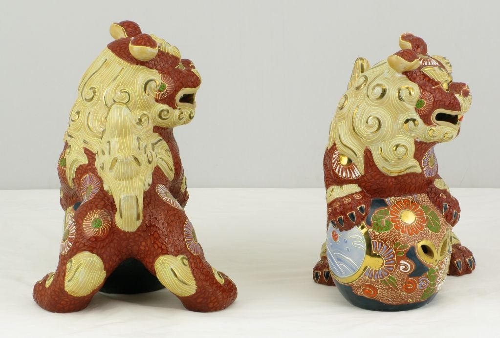 Pair Colorful Porcelain Foo Dogs On Pierced Balls at 1stDibs