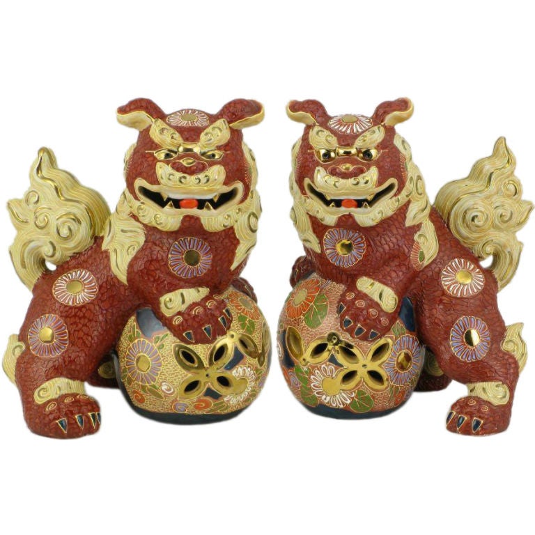 Pair Colorful Porcelain Foo Dogs On Pierced Balls at 1stDibs