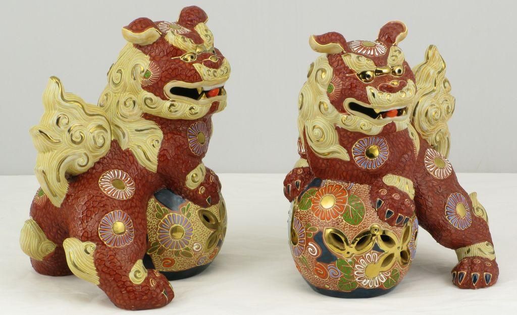 Pair Colorful Porcelain Foo Dogs On Pierced Balls at 1stDibs