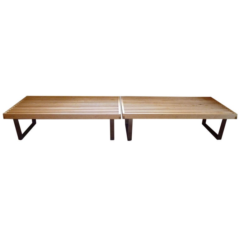 Pair Slatted Benches Or Tables W/ Steel Bases For Sale at 1stDibs