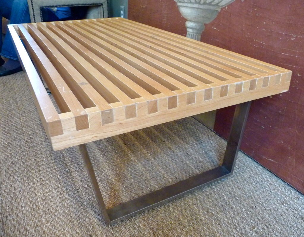 Pair Slatted Benches Or Tables W/ Steel Bases For Sale at 1stDibs