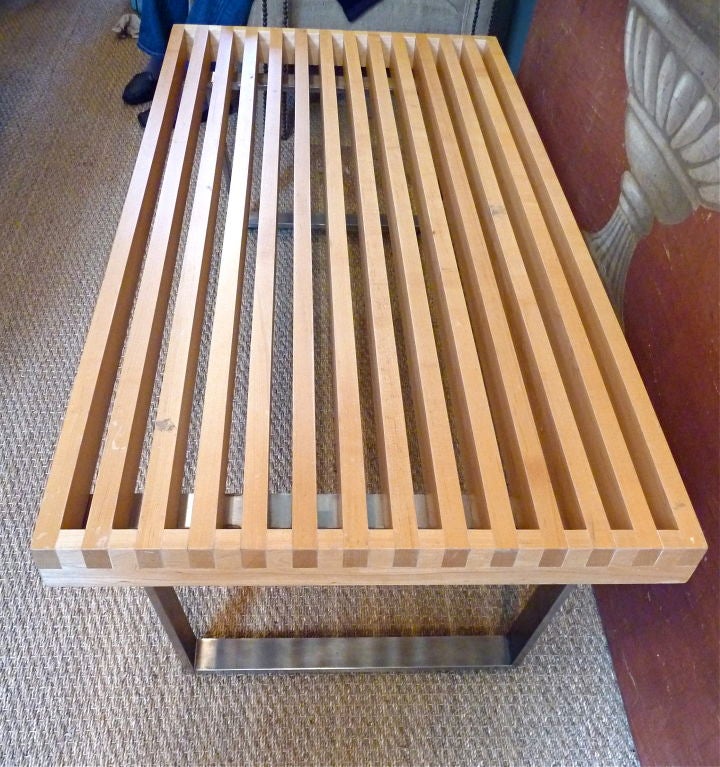 Pair Slatted Benches Or Tables W/ Steel Bases For Sale at 1stDibs