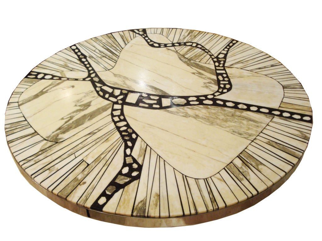 A Round Mid Century Cocktail Table with an Inlayed Marble top at 1stDibs