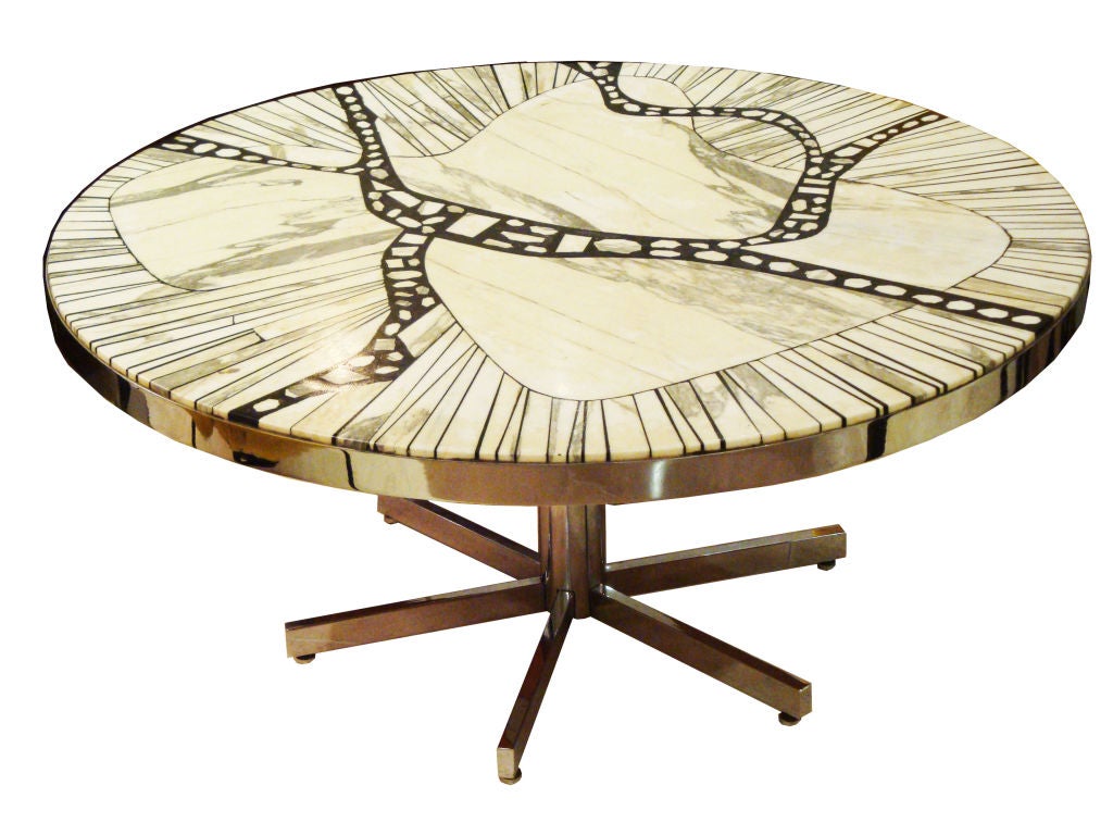A Round Mid Century Cocktail Table with an Inlayed Marble top at 1stDibs