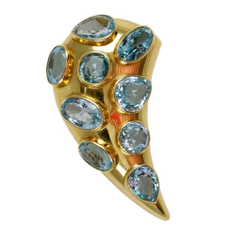 Aquamarine Gold Cornucopia Pin by Solange Azagurry Partridge at 1stDibs