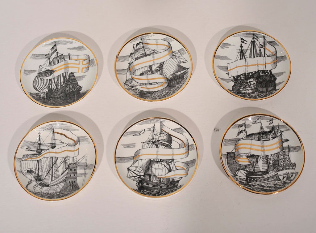 Set of 6 Sailing Ship Motif Coasters by Fornasetti at 1stDibs