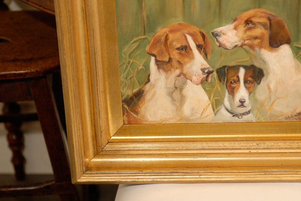 English 1913 Oil on Canvas Animal Painting of Three Dogs in Giltwood ...