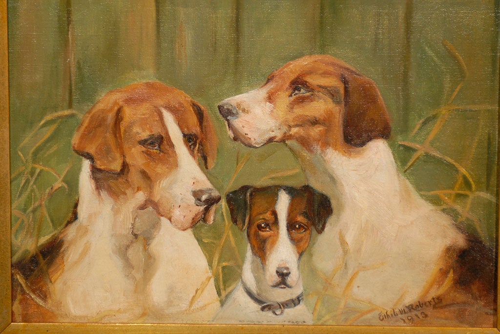 English 1913 Oil on Canvas Animal Painting of Three Dogs in Giltwood ...