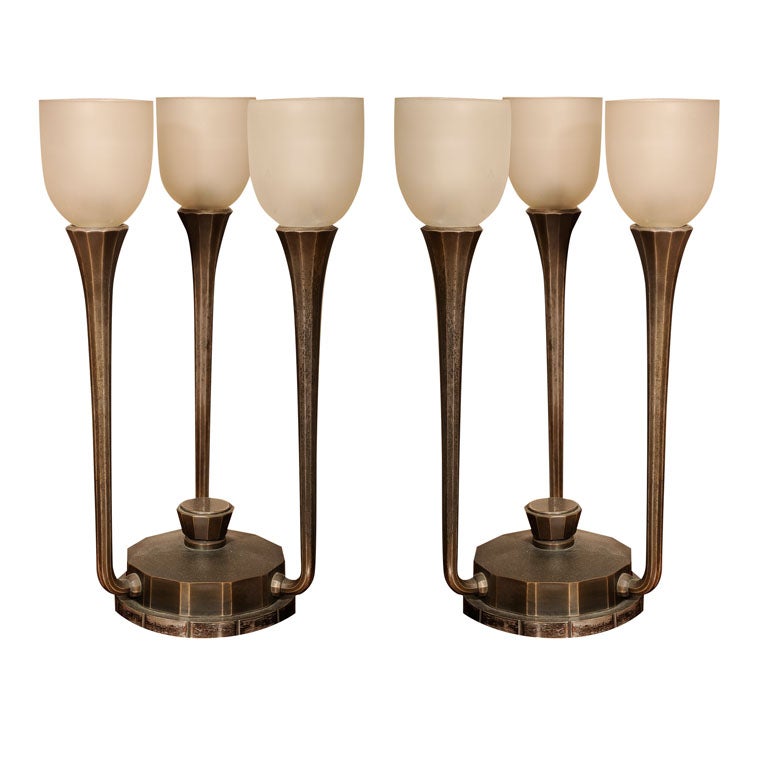 Pair of Art Deco Three-Light Table Lamps by J. Codure For Sale at 1stDibs