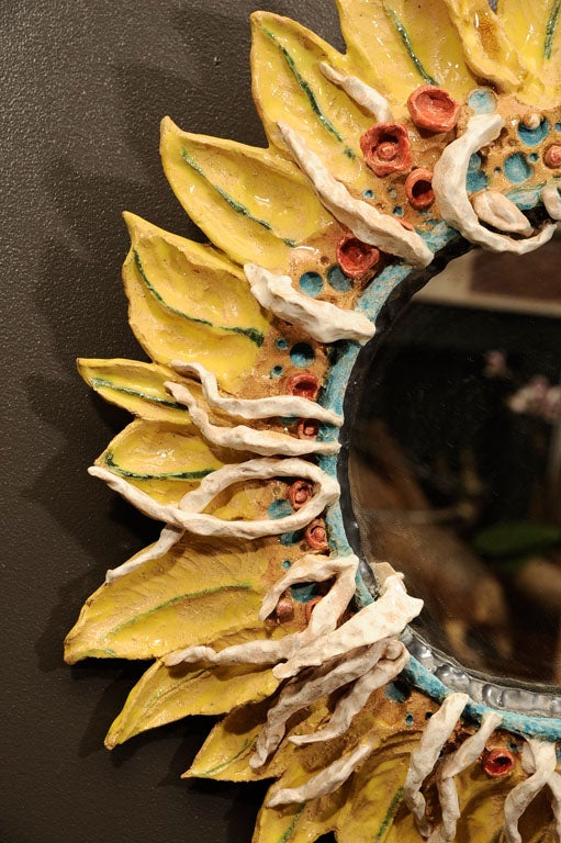 Rocaille Glazed Ceramic Earthenware Sunflower Mirror For Sale at 1stDibs