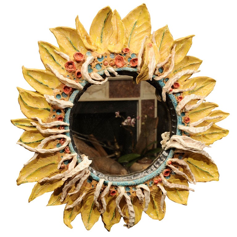 Rocaille Glazed Ceramic Earthenware Sunflower Mirror For Sale at 1stDibs