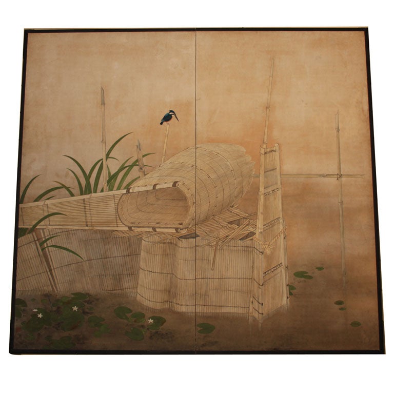 Japanese Screen with Kingfisher and Bamboo Fish Traps at 1stDibs