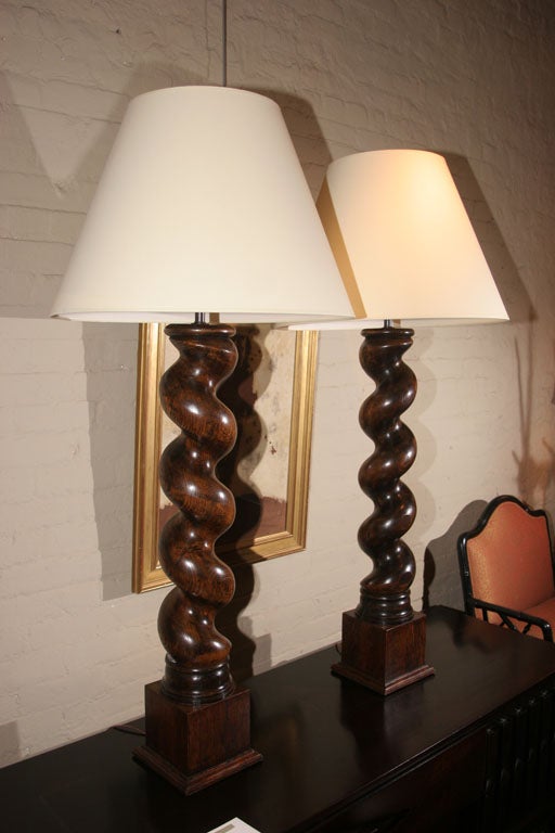 Pair of Large Oak Barley Twist Lamps at 1stDibs