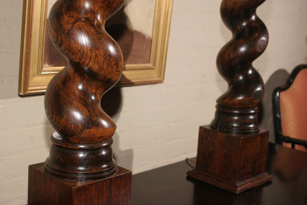 Pair of Large Oak Barley Twist Lamps at 1stDibs