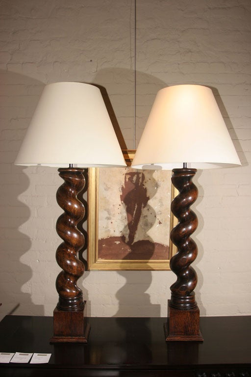 Pair of Large Oak Barley Twist Lamps at 1stDibs