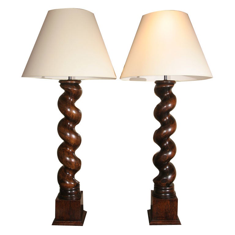 Pair of Large Oak Barley Twist Lamps at 1stDibs