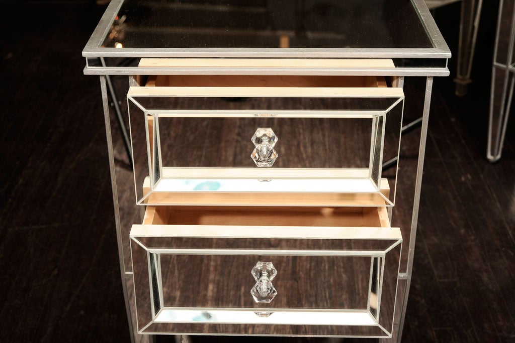 Pair of Custom Mirrored Commodes with Silver Trim For Sale at 1stDibs