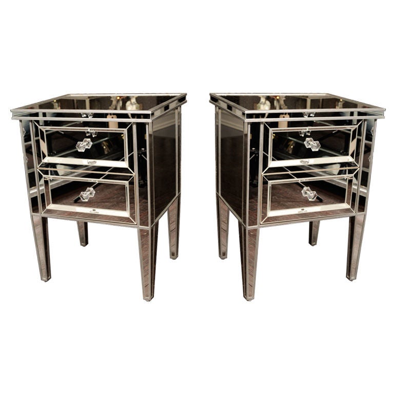 Pair of Custom Mirrored Commodes with Silver Trim For Sale at 1stDibs