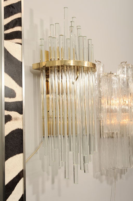 Pair of Custom Large Glass Rod Sconces with Brass Frame For Sale at 1stDibs