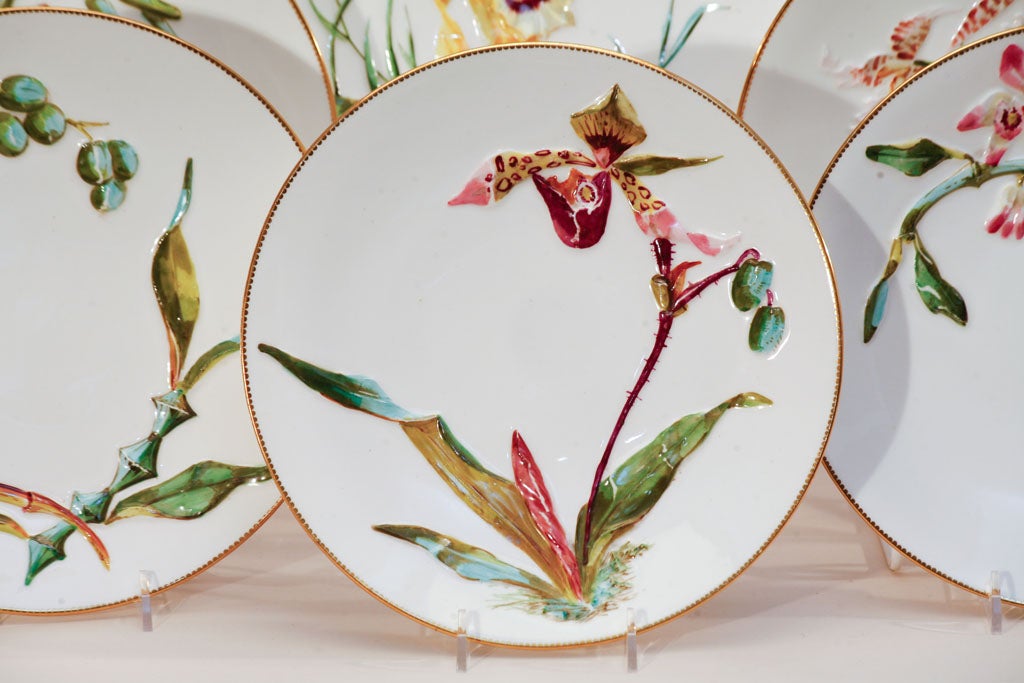 Set of 12 Bodley Orchid Plates-Raised Hand Painted Flowers at 1stDibs