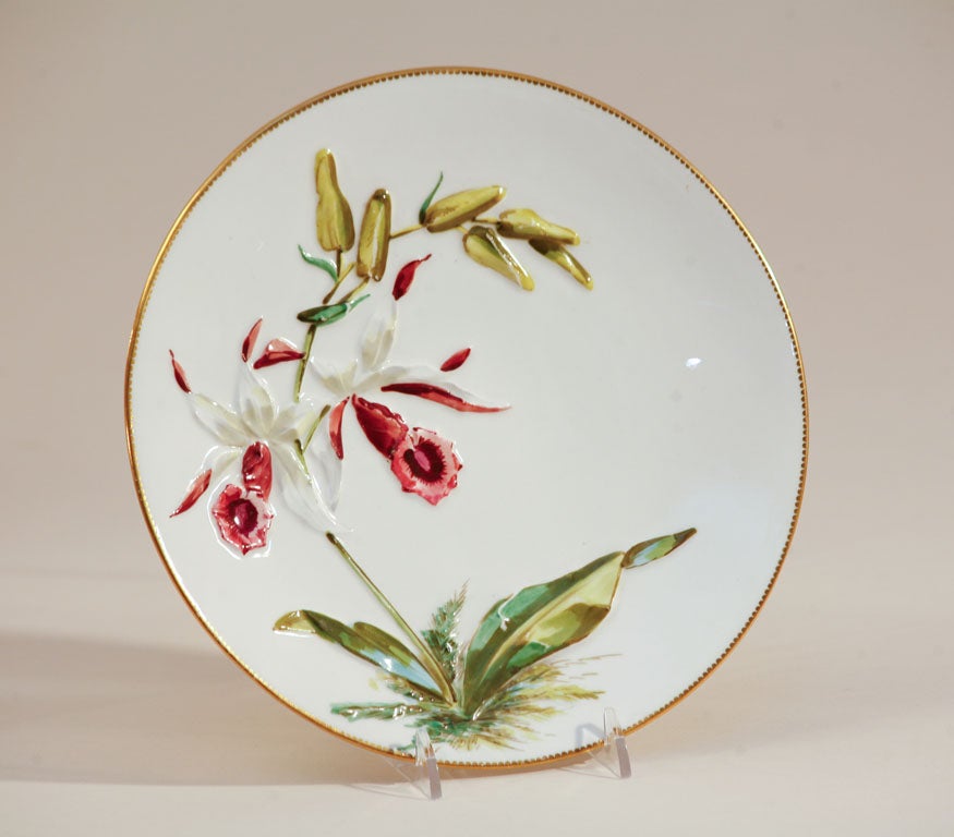 Set of 12 Bodley Orchid Plates-Raised Hand Painted Flowers at 1stDibs