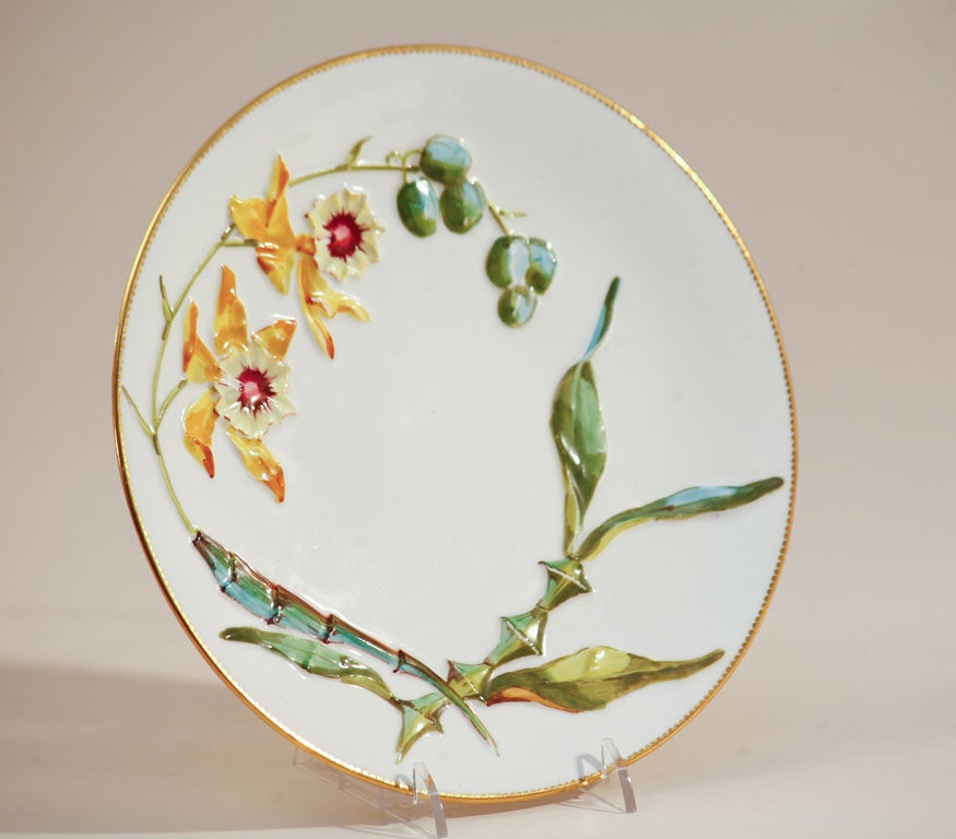 Set of 12 Bodley Orchid Plates-Raised Hand Painted Flowers at 1stDibs
