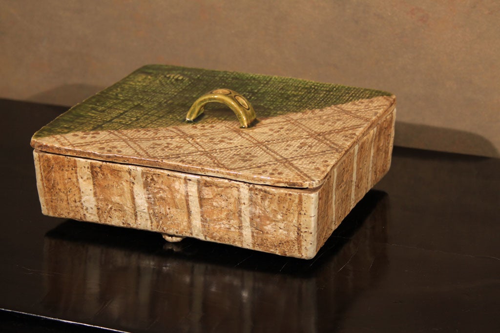 Japanese Oribe Ware Stoneware Covered Dish at 1stDibs
