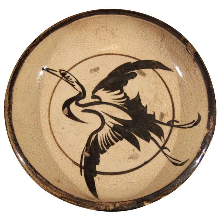 Japanese Seto Ware Bowl with Flying Crane For Sale at 1stDibs