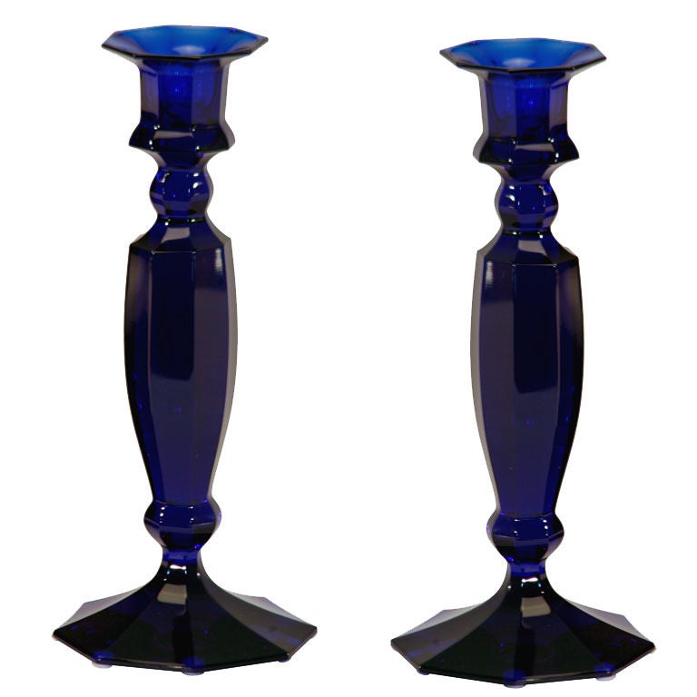 Pair of Signed Moser Cobalt Crystal Candlesticks 9 3/8" at 1stDibs