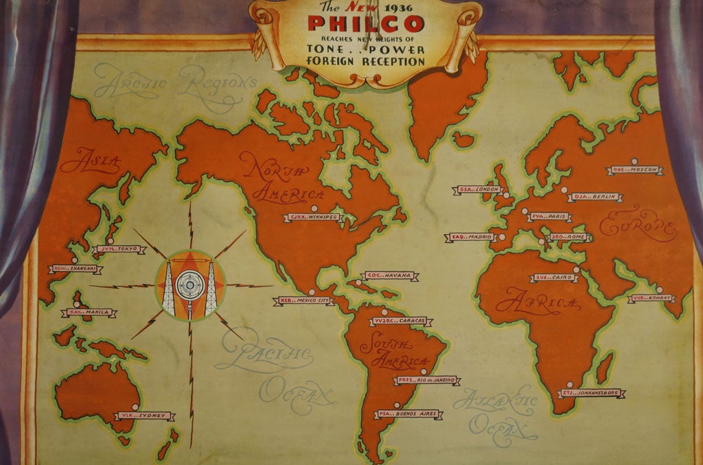 Large 1936 Philco Radio Advertising Display Map of the World at 1stDibs