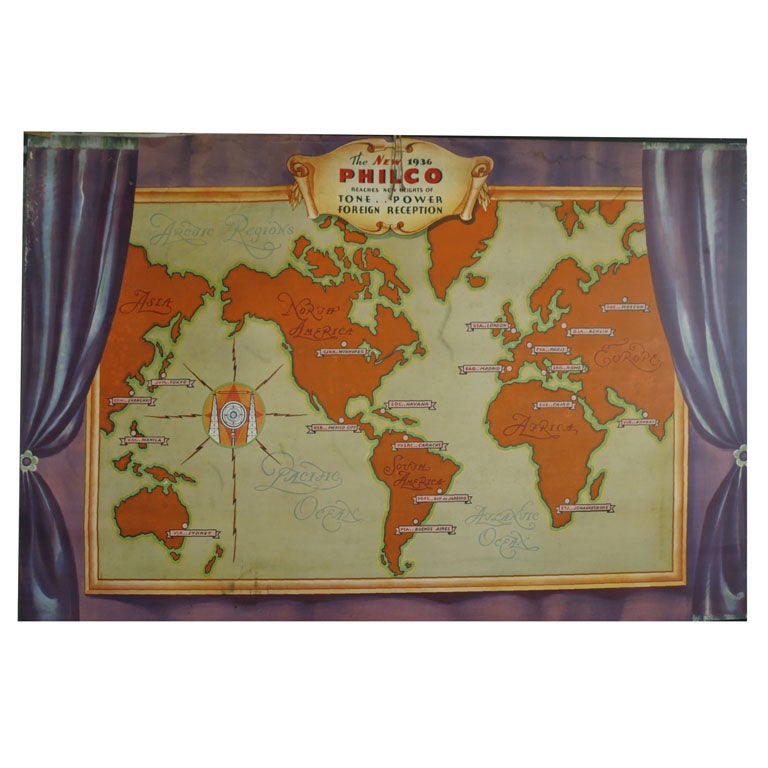 Large 1936 Philco Radio Advertising Display Map of the World at 1stDibs
