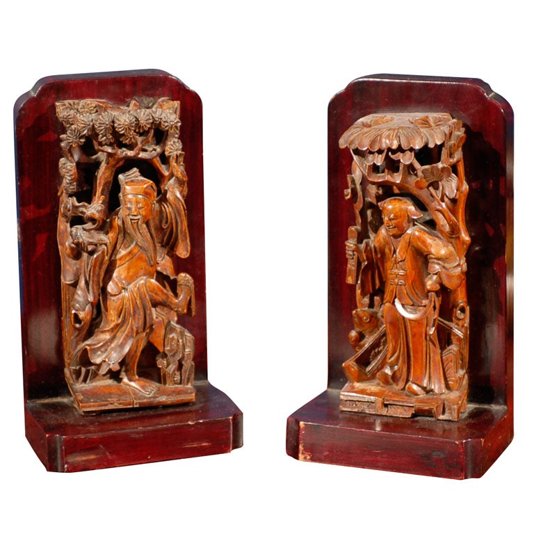 Carved Chinese Wood Bookends at 1stDibs