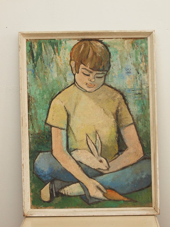 Oil Painting of Boy with Rabbit at 1stDibs