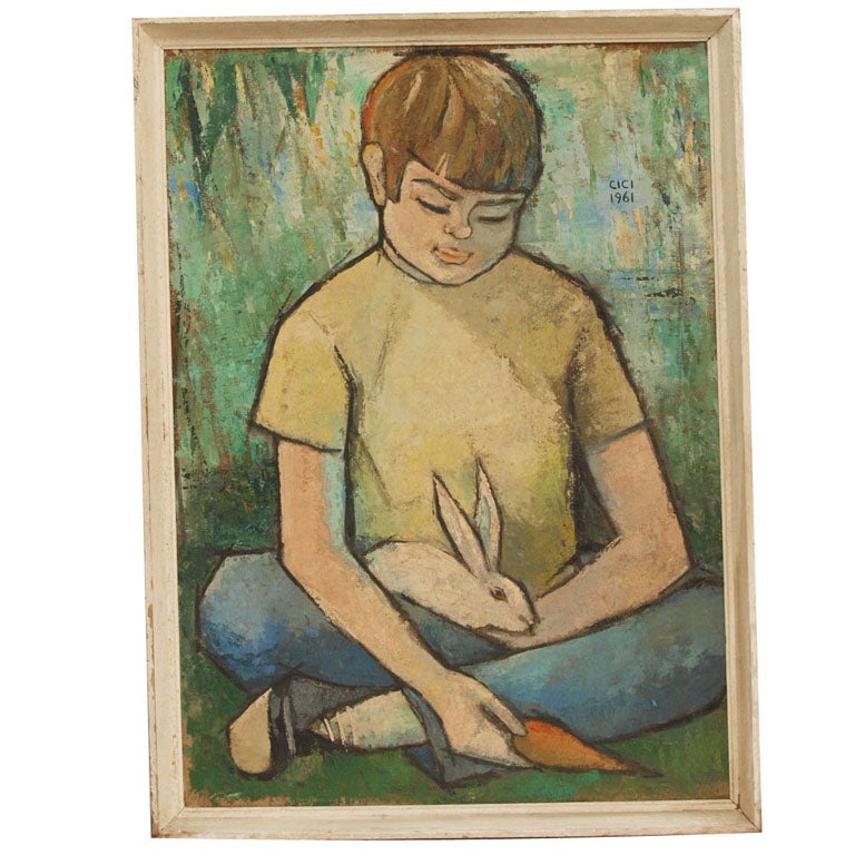 Oil Painting of Boy with Rabbit at 1stDibs